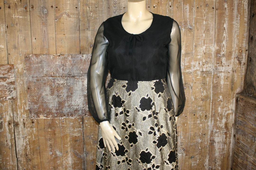 Plus Size Vintage 60s/ 70s Cocktail Dress, Clive Byrne Black/ Gold Maxi ...