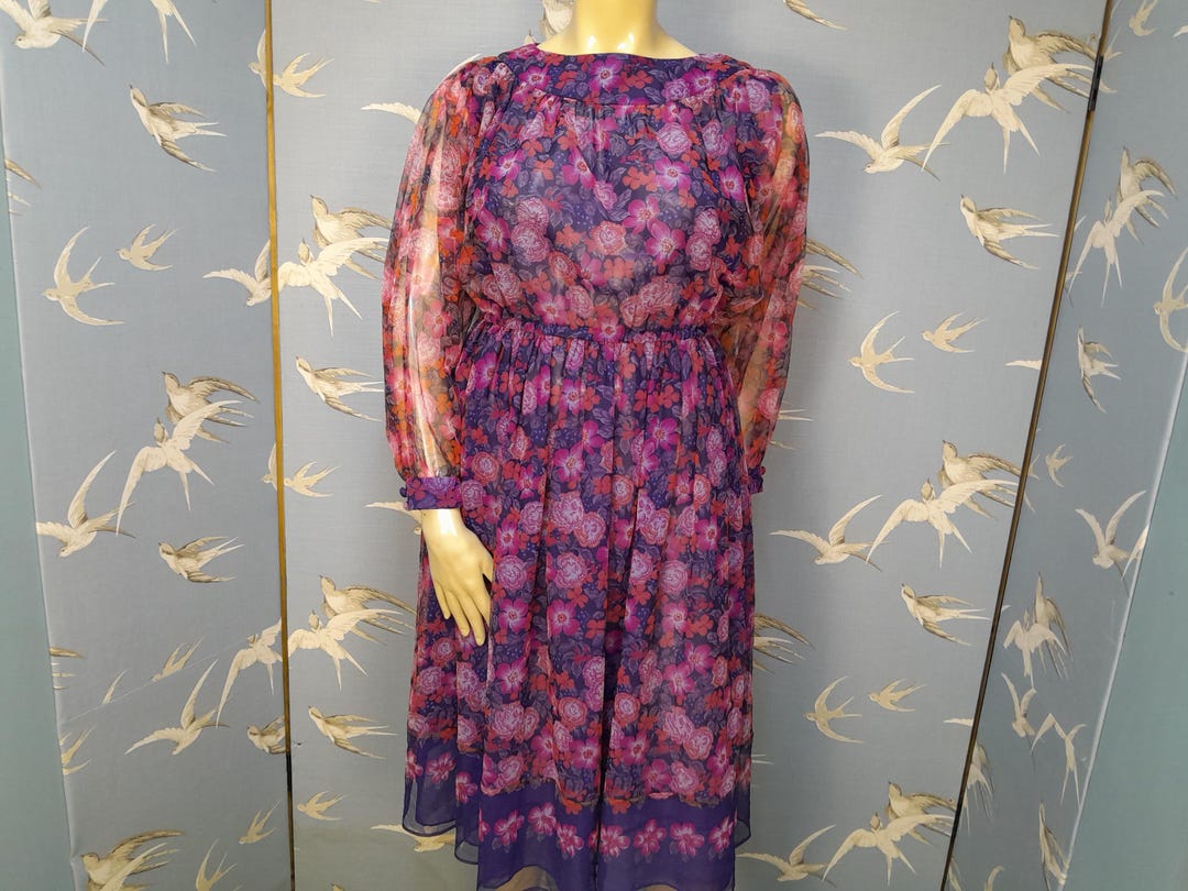 L/ XL Vintage 1970s/ 80s Jean Allen Dress, Blue/ Pink Floral Chiffon ...