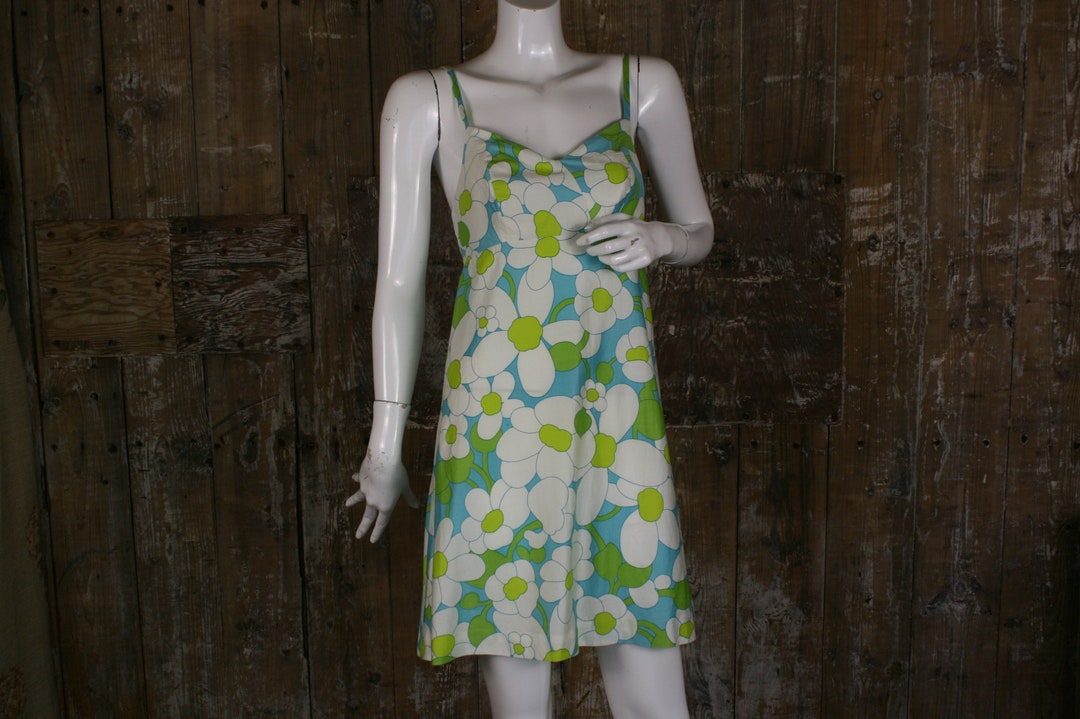 Vintage 1960s Cotton Sun Dress, Sea Weeds Blue/ Green Daisy Print Beach ...