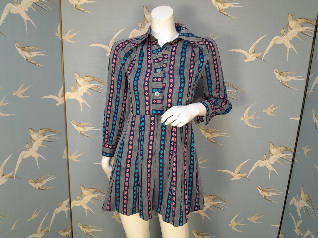 Vintage 1970s Micro Mini Dress, Size 8 UK Petite Mod Go Go Shirt Dress ...