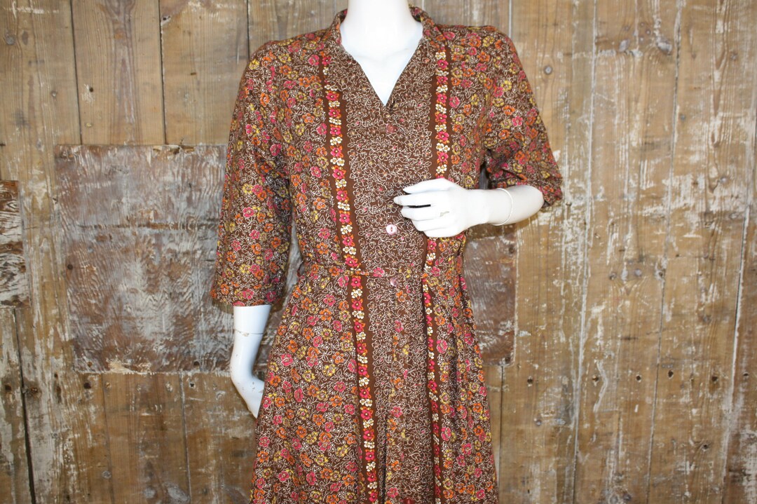 Vintage 70s Floral Cotton Housecoat, Brown/ Orange Border Print Floral ...