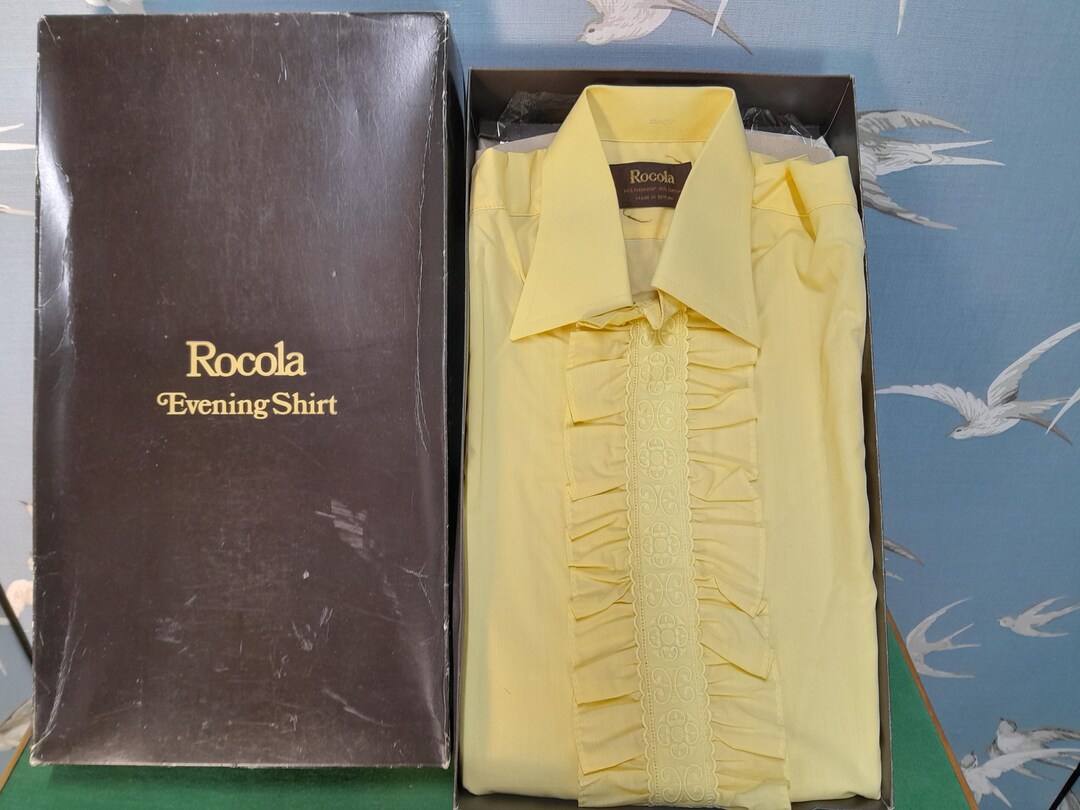 Vintage 1970s Lemon Yellow Ruffle Front Dress Shirt, Size 15" Rocola ...