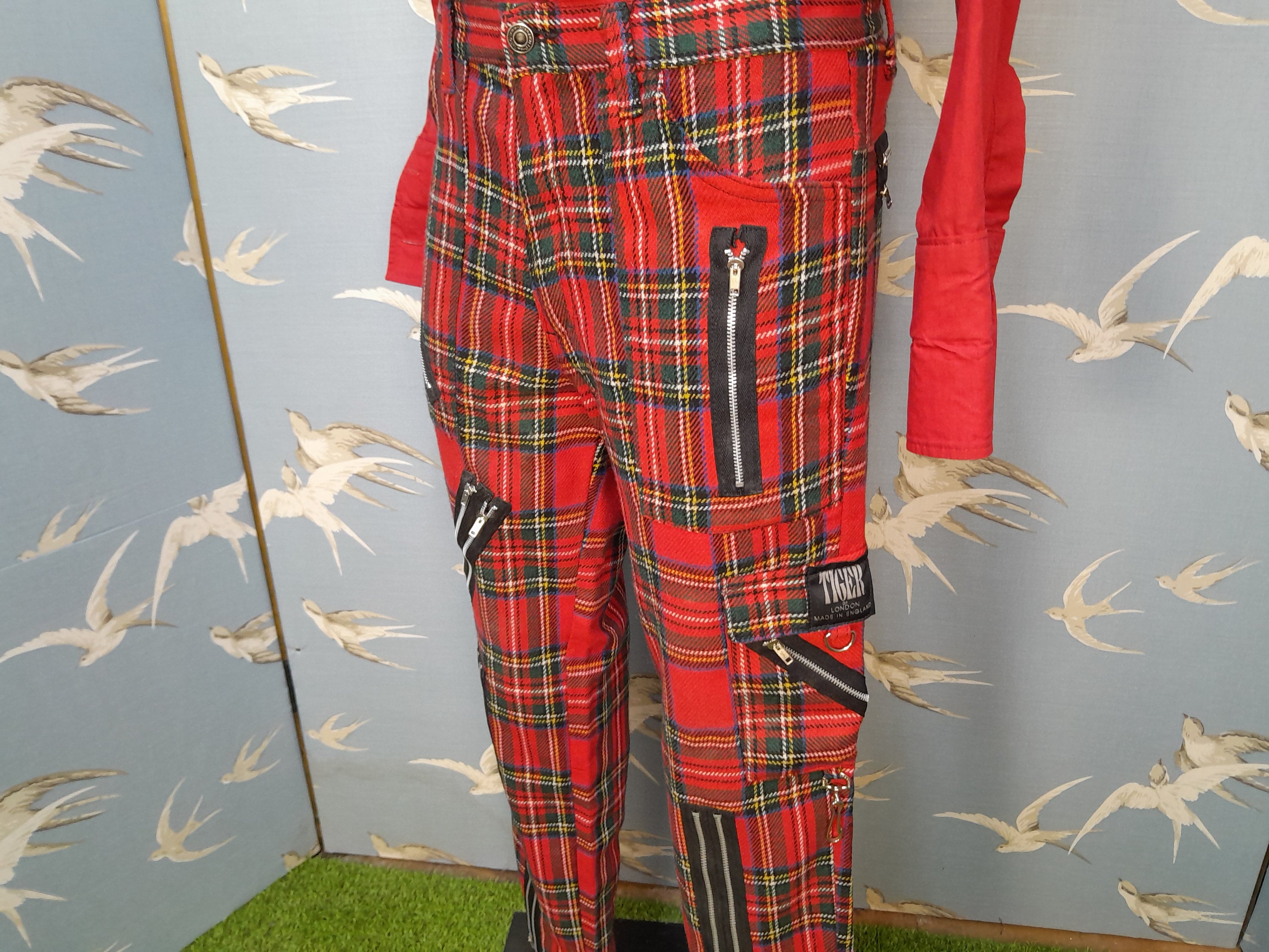 Vintage Red Tartan Bondage Pants/ Zip Punk Trousers, Tiger Vintage Red Tartan Bondage Pants/ Zip Punk Trousers, Tiger