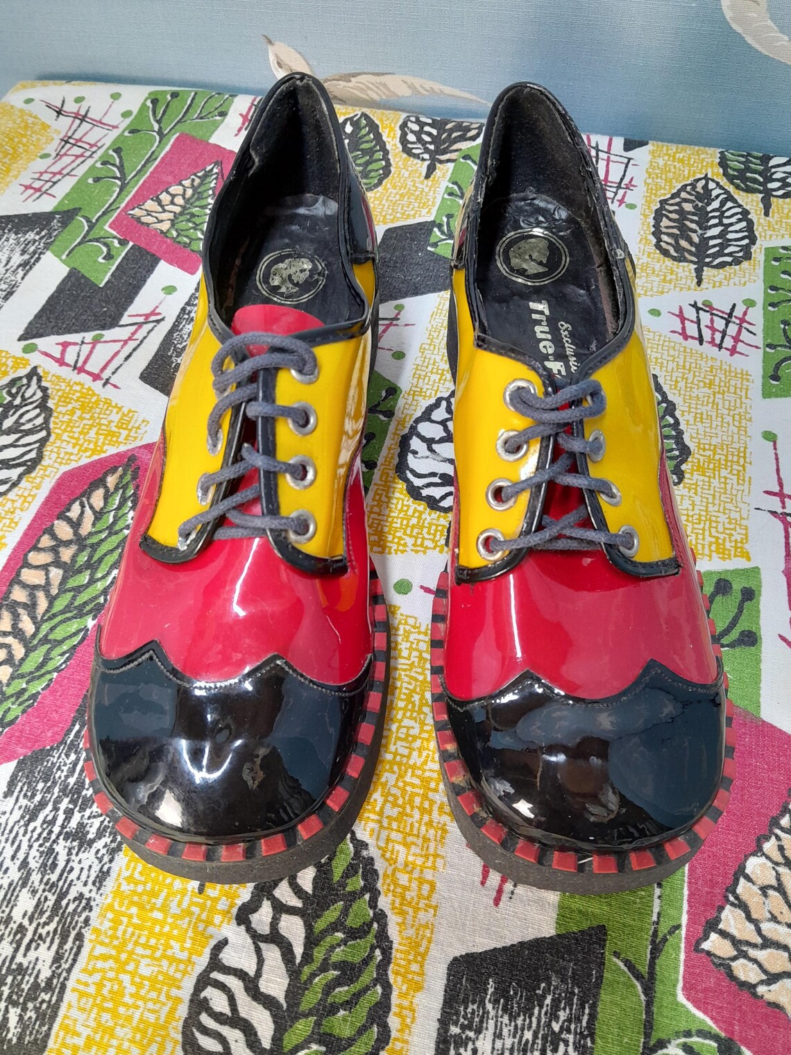 Vintage 1970s Platform Shoes, 3-tone Red/ Yellow/ Black Patent Lace up ...