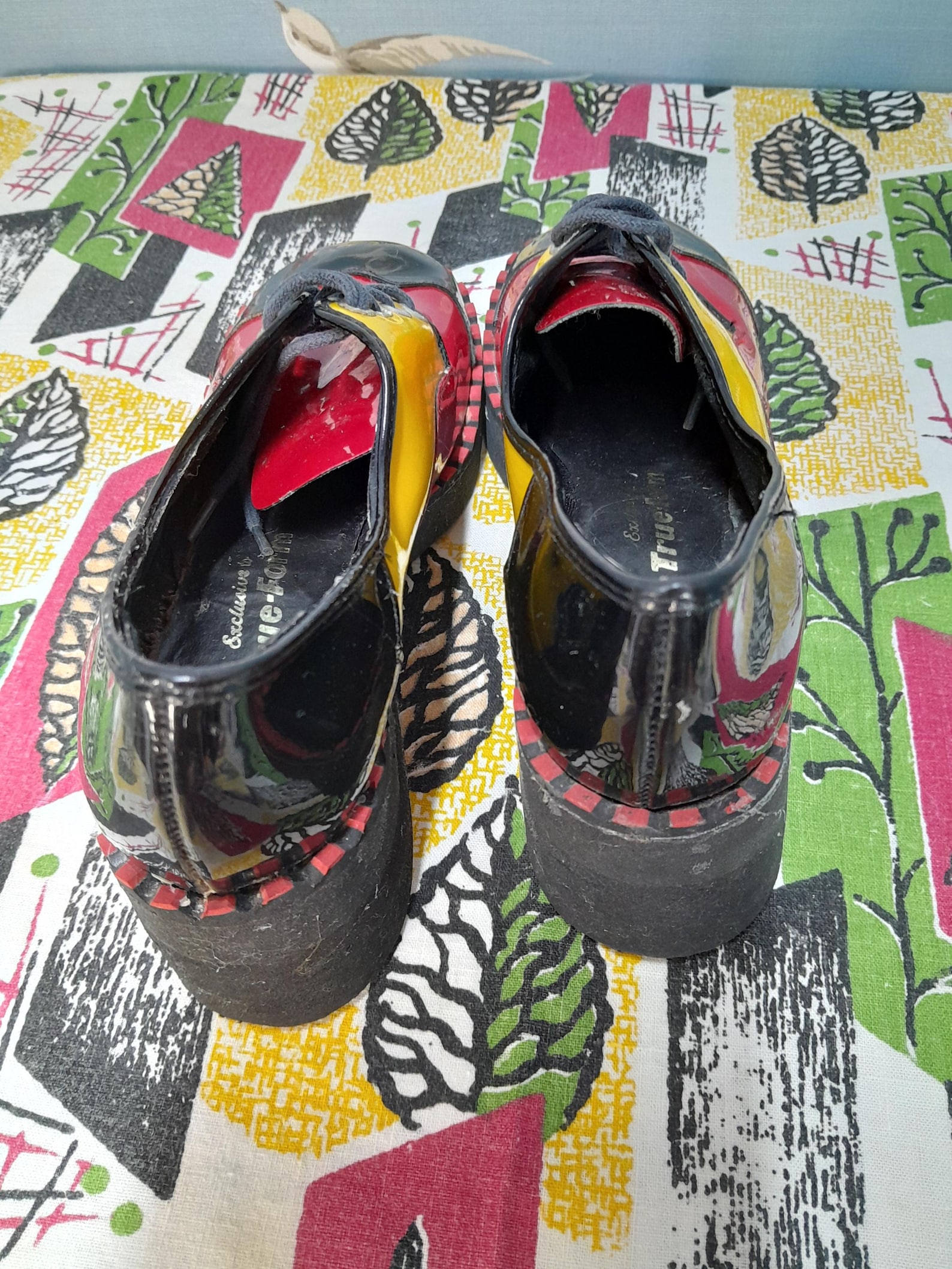 Vintage 1970s Platform Shoes, 3-tone Red/ Yellow/ Black Patent Lace up ...