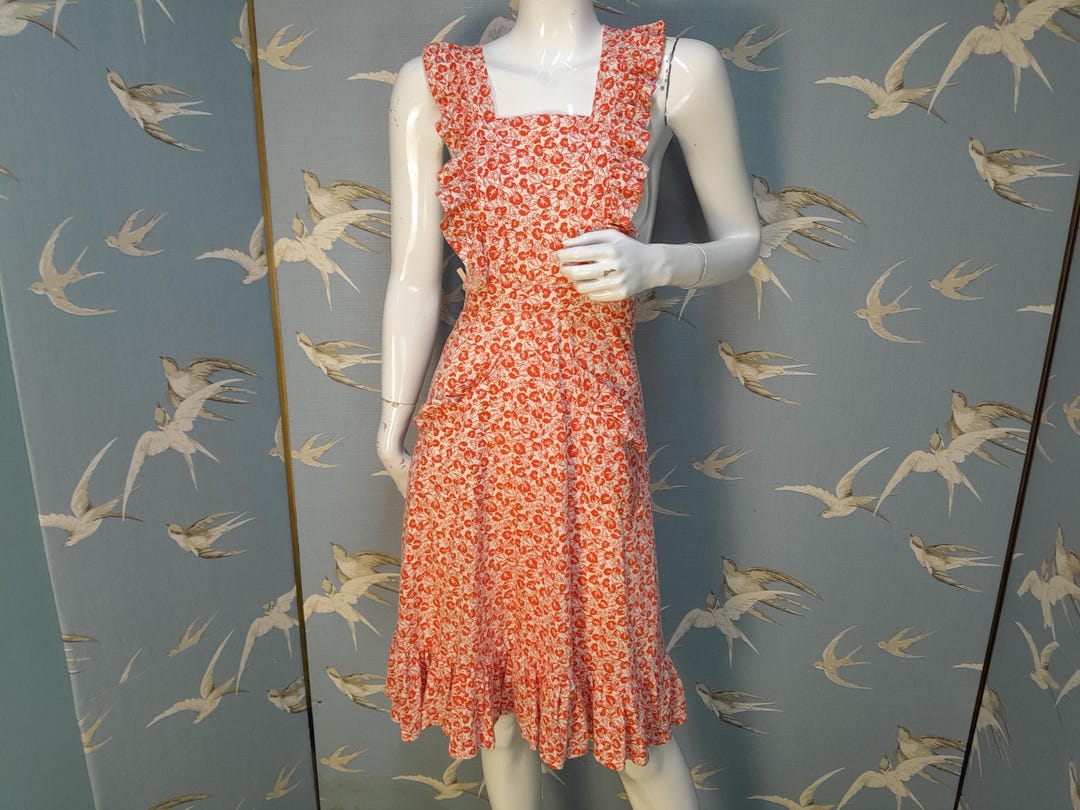 Petite/ Teens Vintage 1970s Crossover Back Pinafore Dress, Red Leaf ...