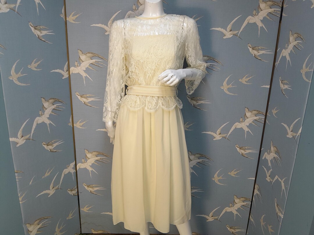 Vintage 1980s Quad Ivory Lace & Chiffon Midi Dress Size 6- 8 UK/ 33 ...