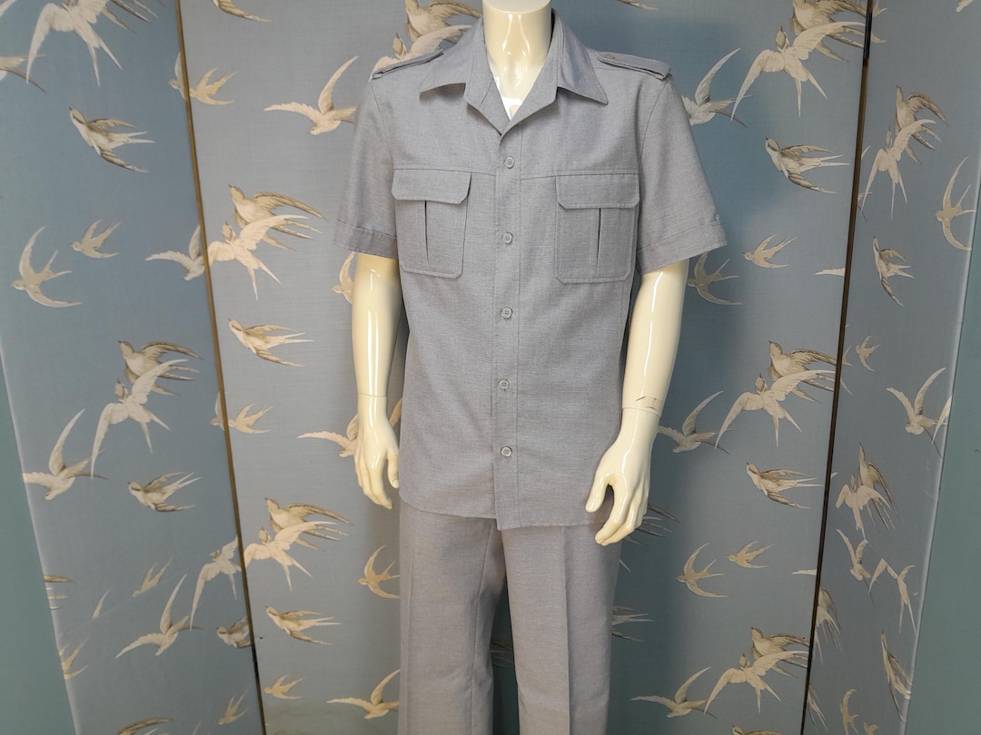 Vintage 1970s/ 80s Mans Leisure Suit, Blue/ Grey Mistral Safari Suit ...