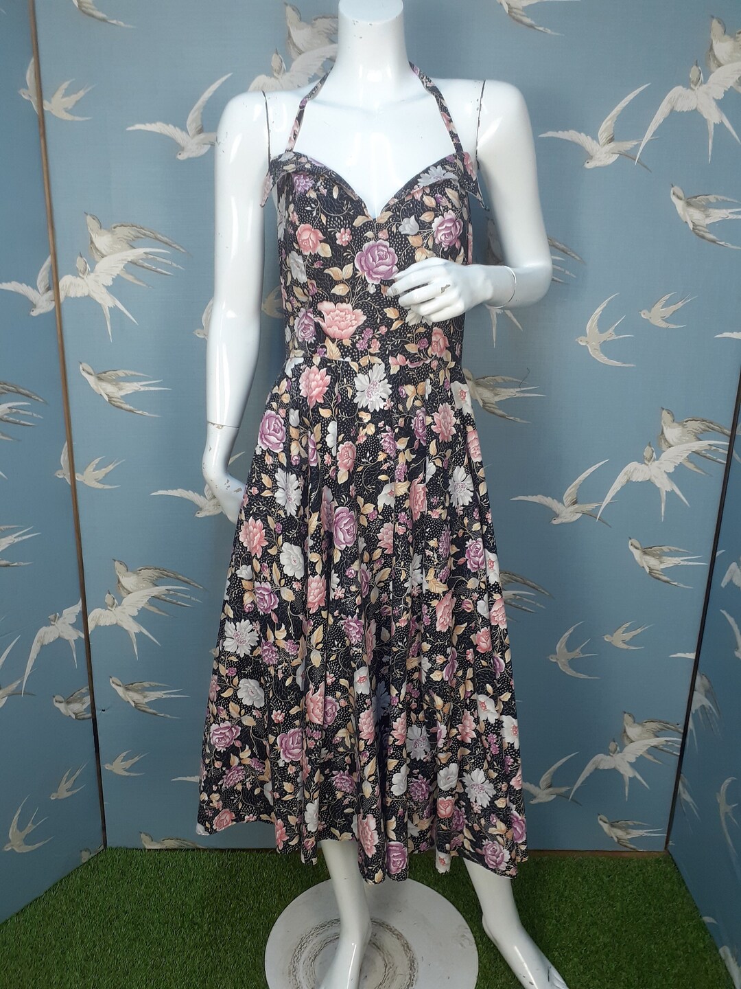 Vintage 80s Does 50s Radley Halter Neck Dress, Size 10 UK Black Floral ...