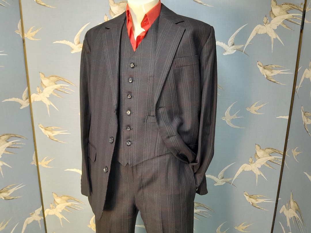 Vintage Bespoke 3 Piece Suit, Black/ Red/ Tan Wool Check Suit, 36- 38 ...