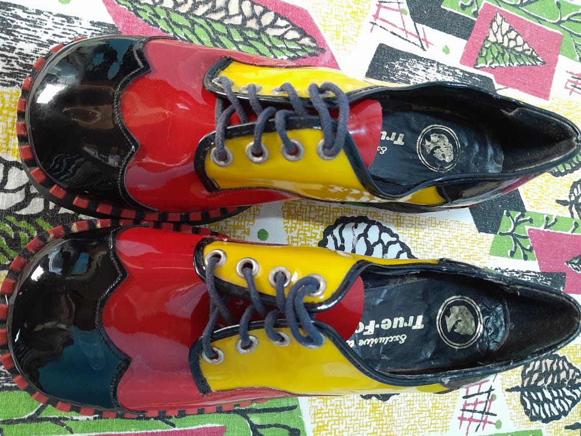 Vintage 1970s Platform Shoes, 3-tone Red/ Yellow/ Black Patent Lace up ...