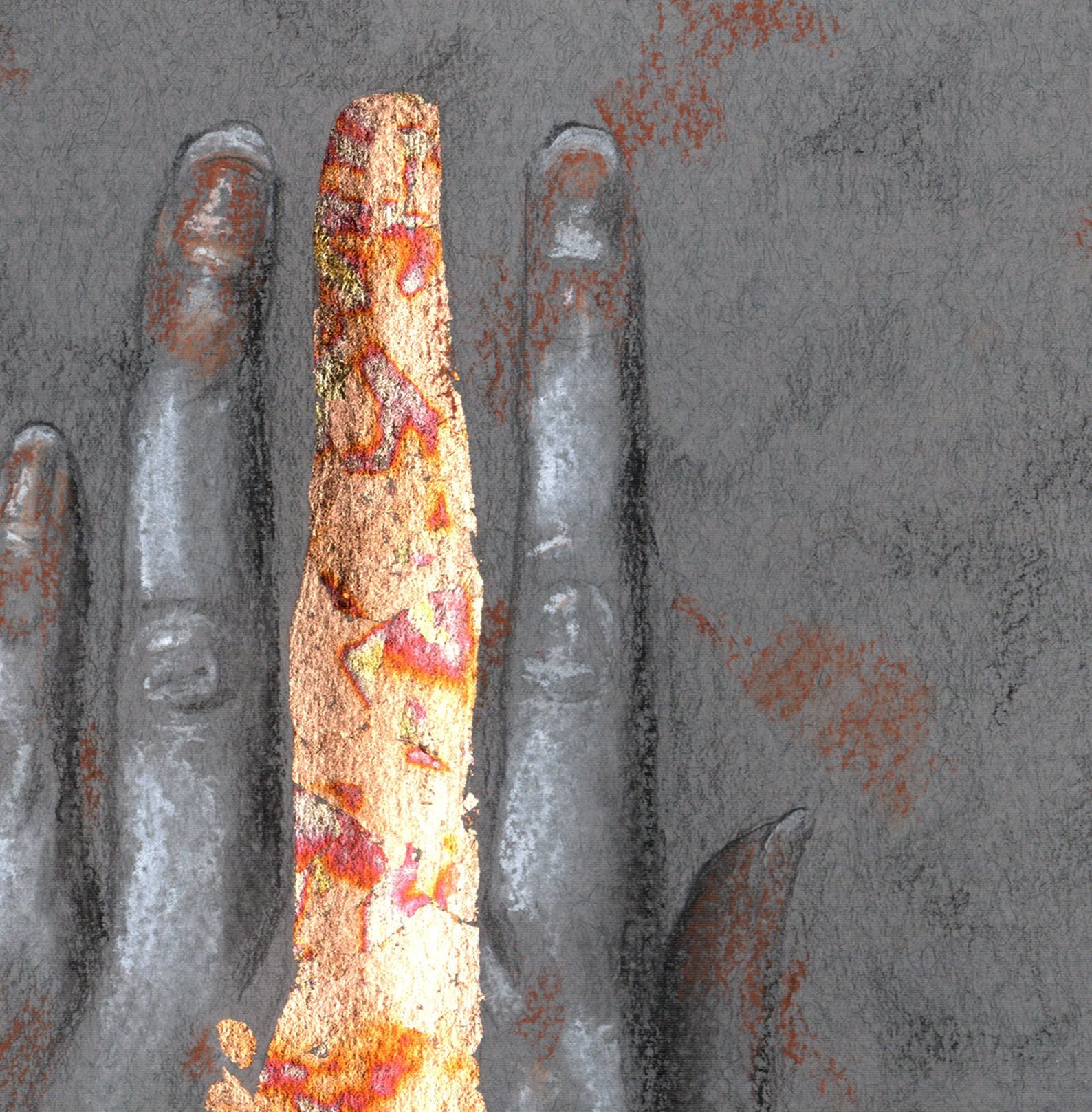 Drawing of a Hand With Golden Middle Finger, Charcoal Pastels Gold Leaf ...