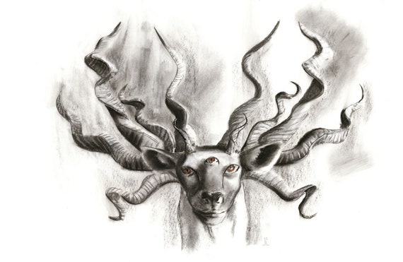 Large Charcoal Drawing of a Stag Princess Mononoke / Studio - Etsy