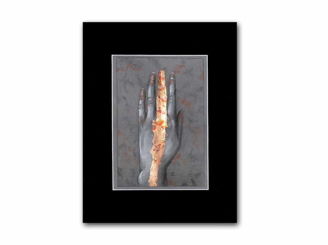 Drawing of a Hand With Golden Middle Finger, Charcoal + Pastels + Gold ...