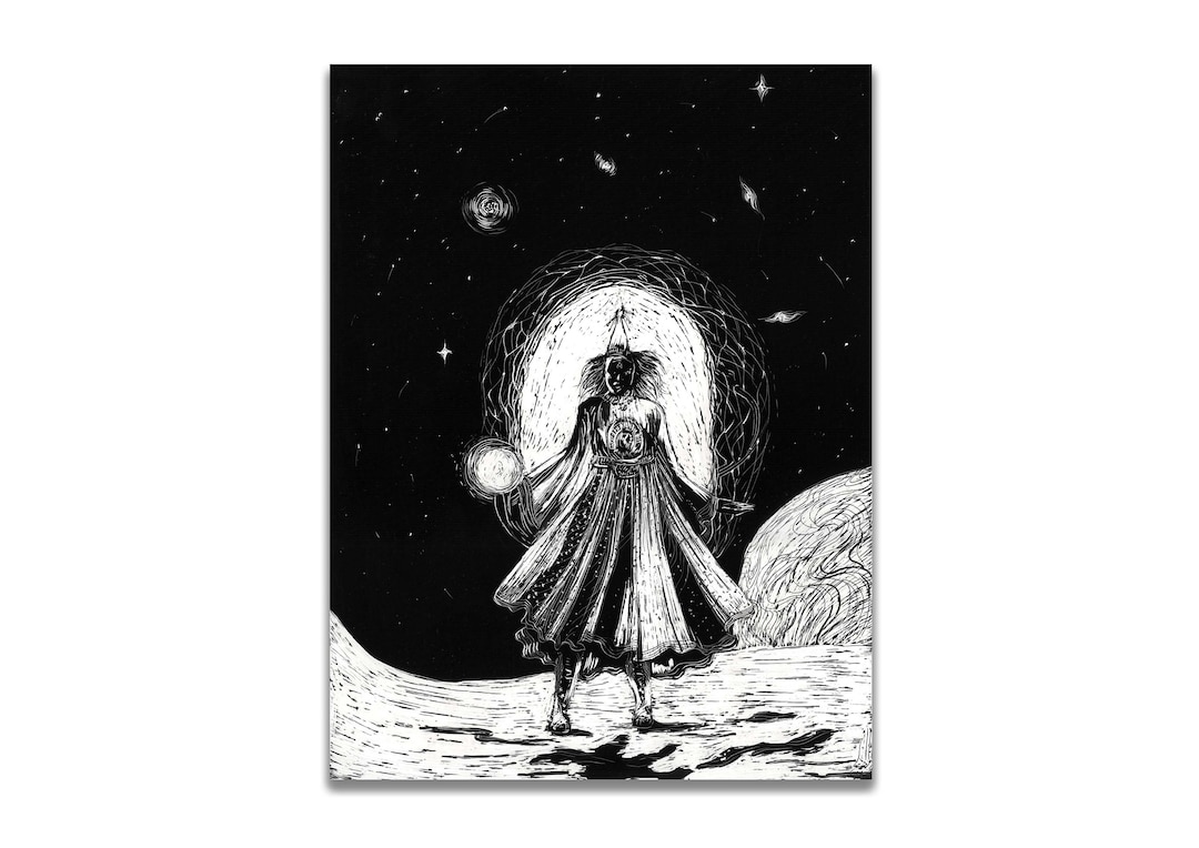 Mystical Figure in Space Scratchboard Drawing, No AI - Etsy