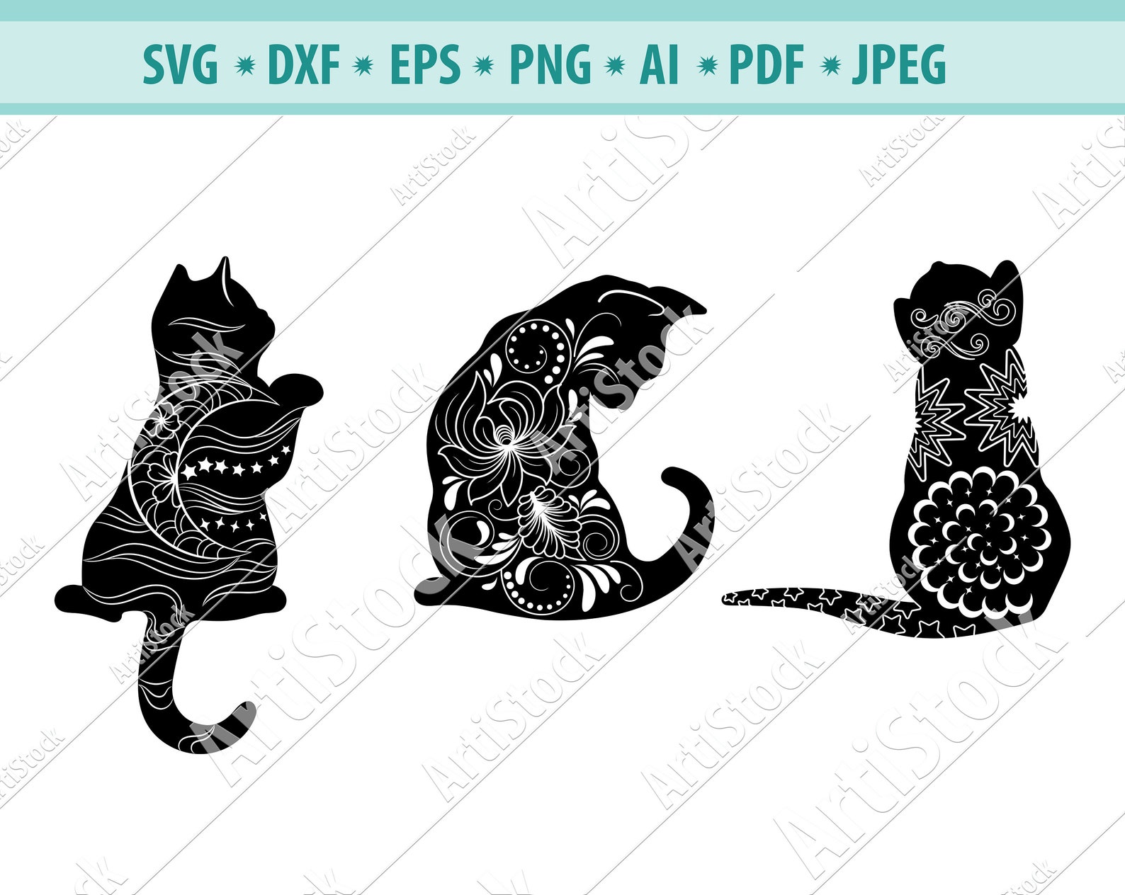 Three Black Cat Svg Mandala Cats Svg Zentangle Cats Svg Cat - Etsy