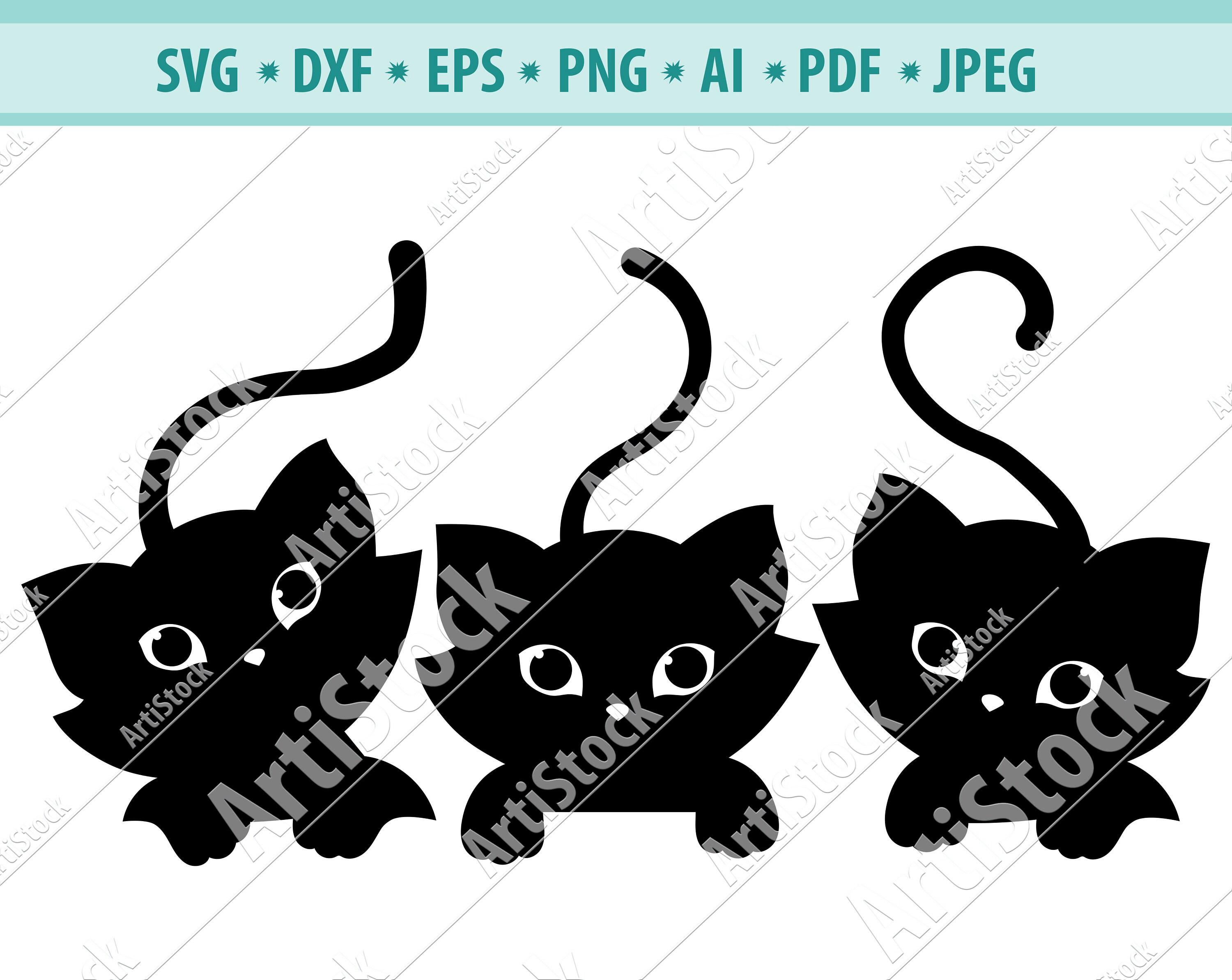 SVG 3 Cats Peeking Silly Kitty Cut File Black Cats Watching | Etsy