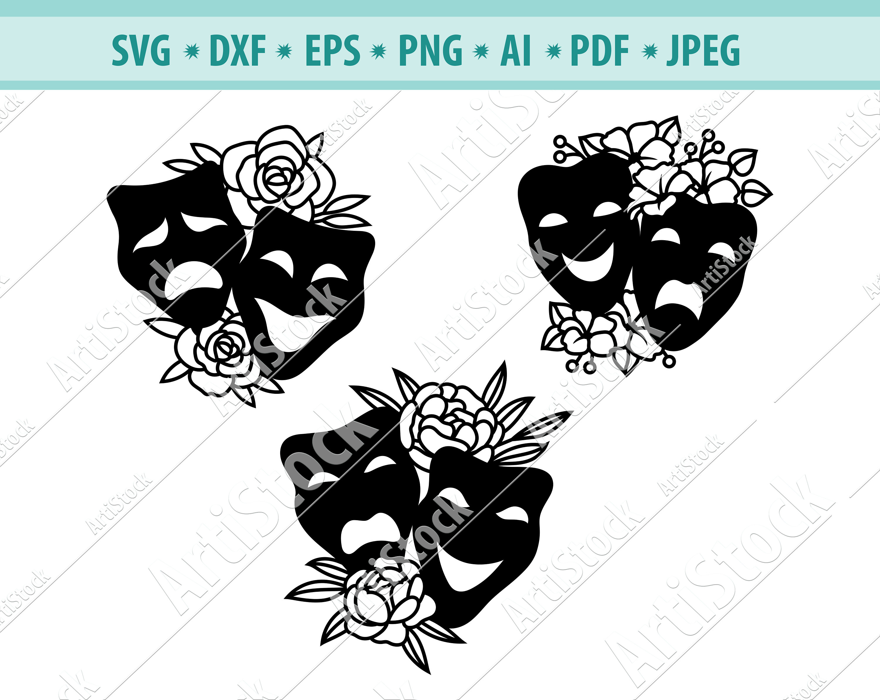 Floral drama mask Svg, Comedy Tragedy svg, Comedy svg, Theatrical Svg ...