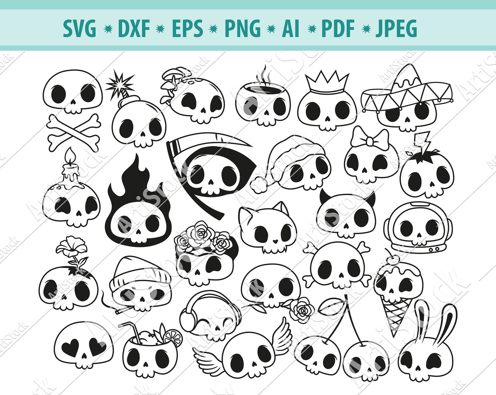 Cute Halloween Skull Svg Cartoon Skull Svg Cat Skull Svg - Etsy