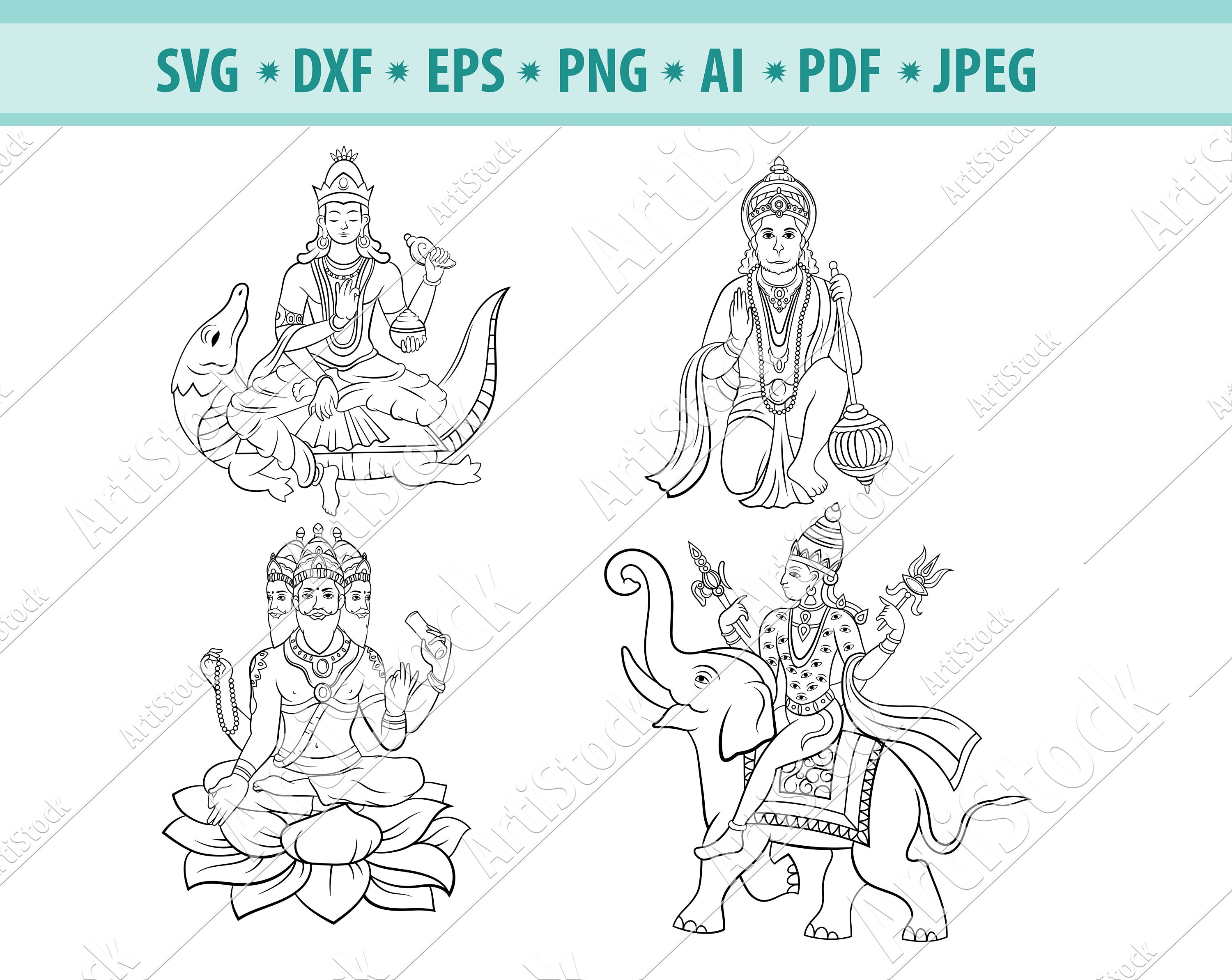 Gods and Goddes Digital Files Collection Indian Goddes EPS Set Indian ...
