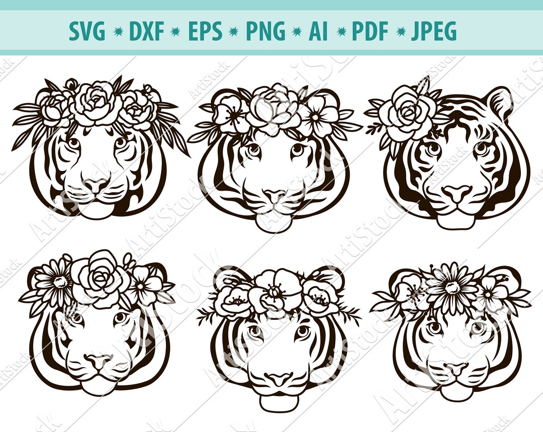 Tiger SVG File, Tiger With Flower Crown SVG, Tiger Cut File, Animal ...