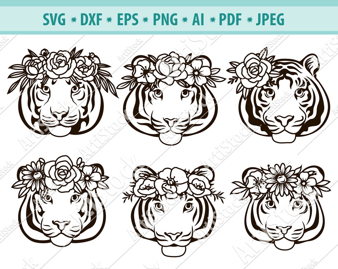 Tiger SVG File, Tiger With Flower Crown SVG, Tiger Cut File, Animal ...