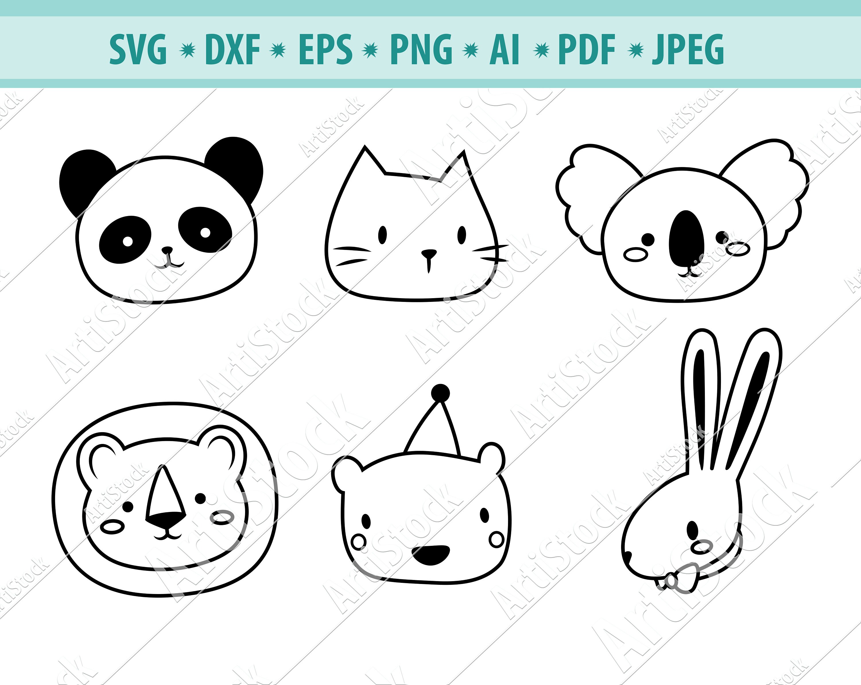Tiere Gesicht Svg Datei, Köpfe Tiere Svg, Gesichter niedliche Tier Svg ...