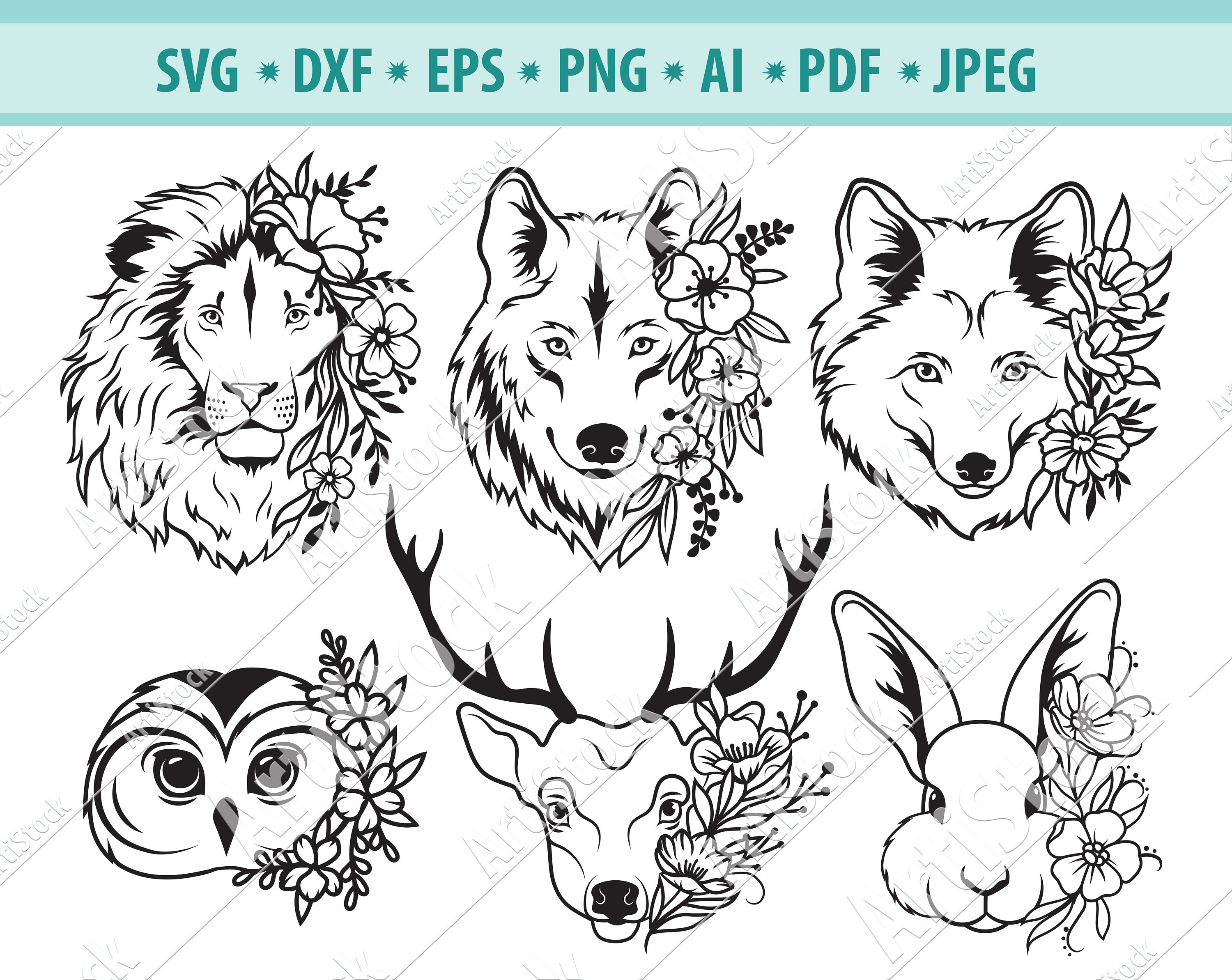 Animals Face Svg File Animals With Flower Wreath Svg Cute - Etsy