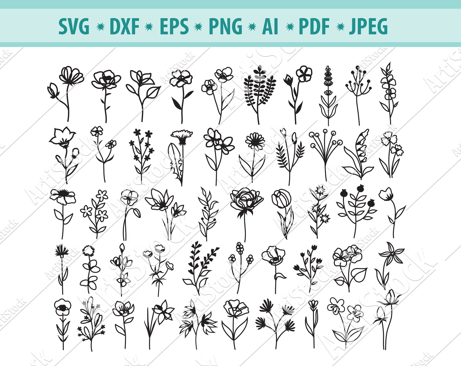 Flower SVG Files, Field Flowers Svg, Wildflowers Svg, Flower Branches ...