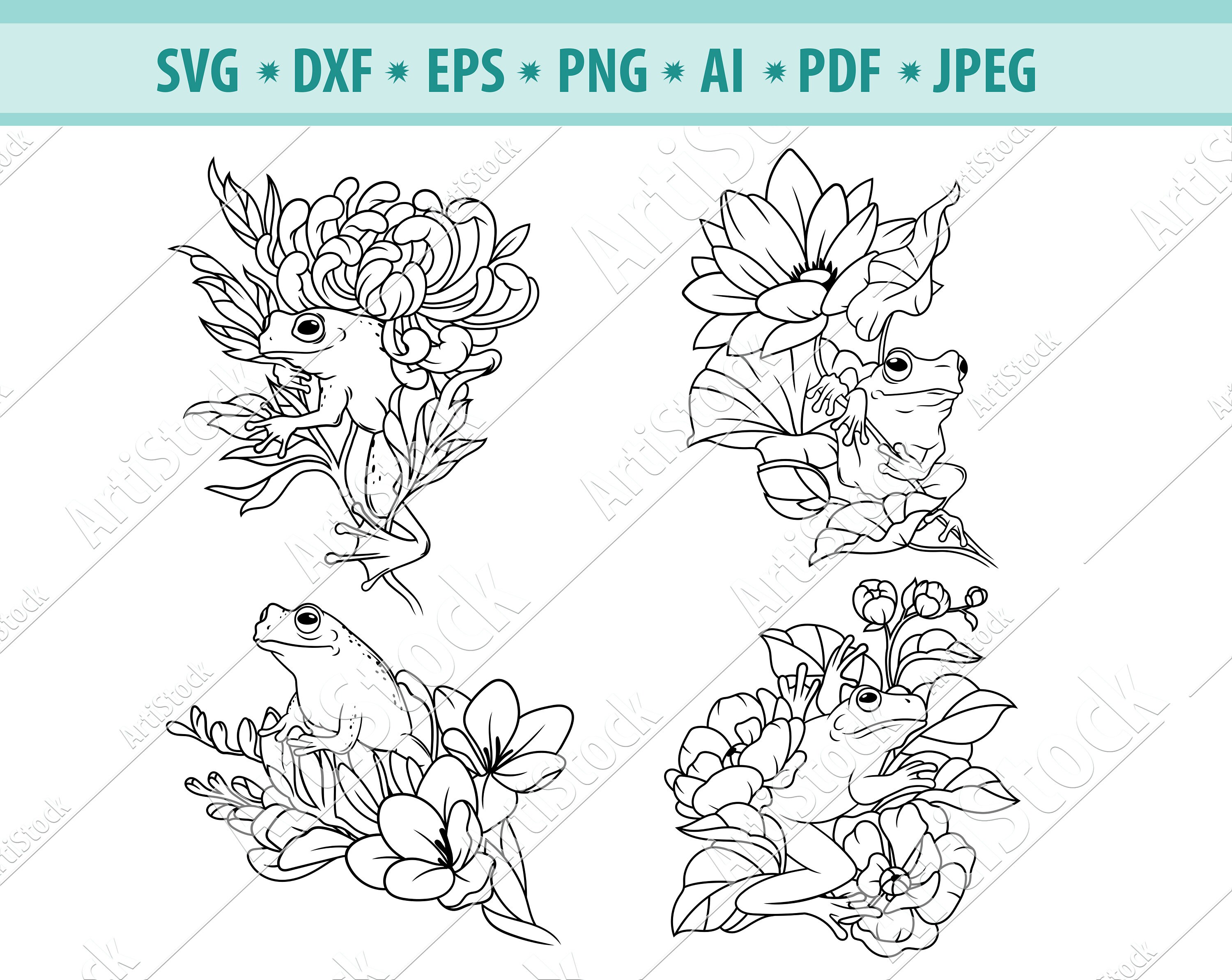 Paper, Party & Kids Frog Dxf,Frog Png,Frog Eps,Frog Vector Floral Frog ...