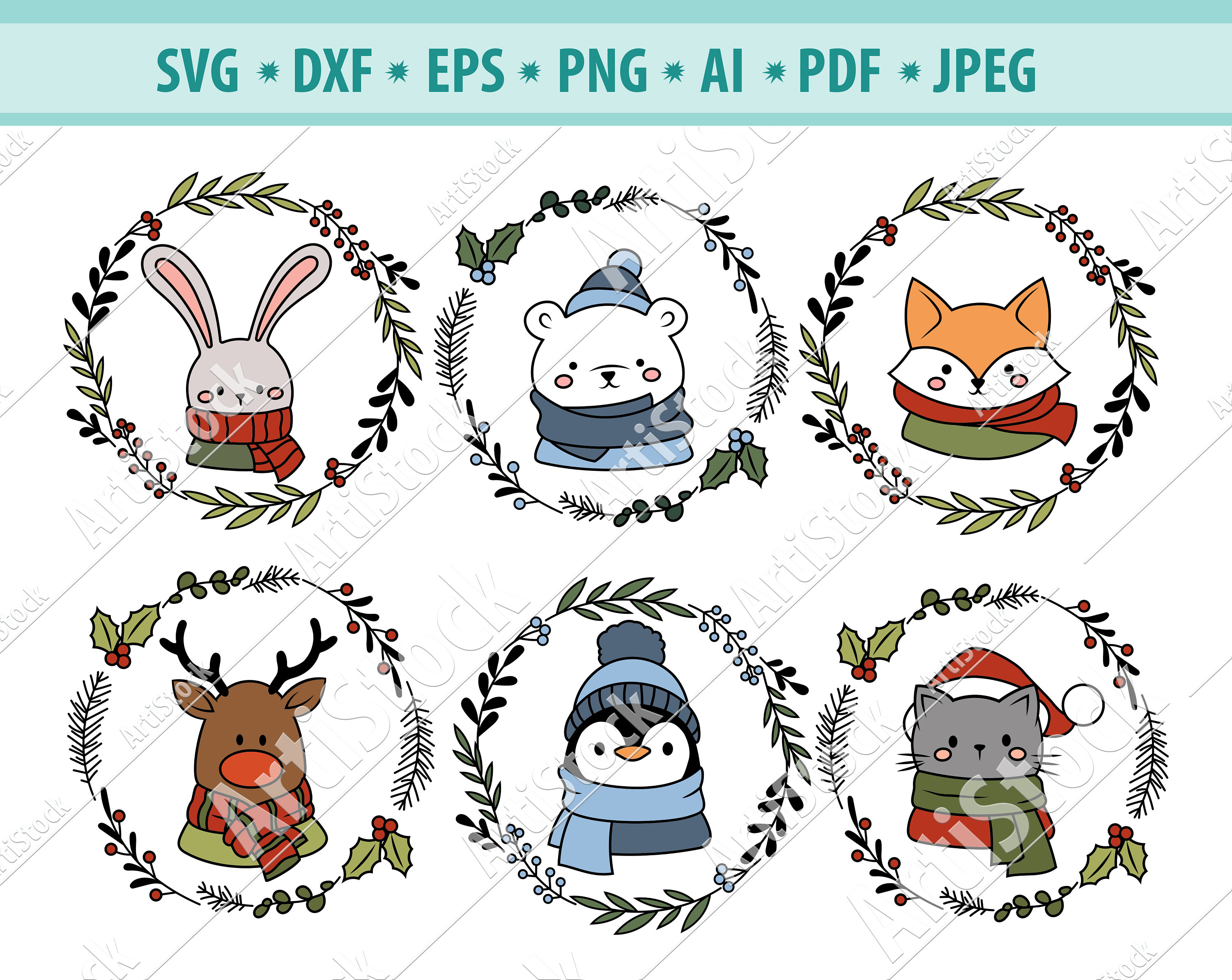 Christmas Animals Svg Holiday Wreath Svg Christmas Clipart | Etsy