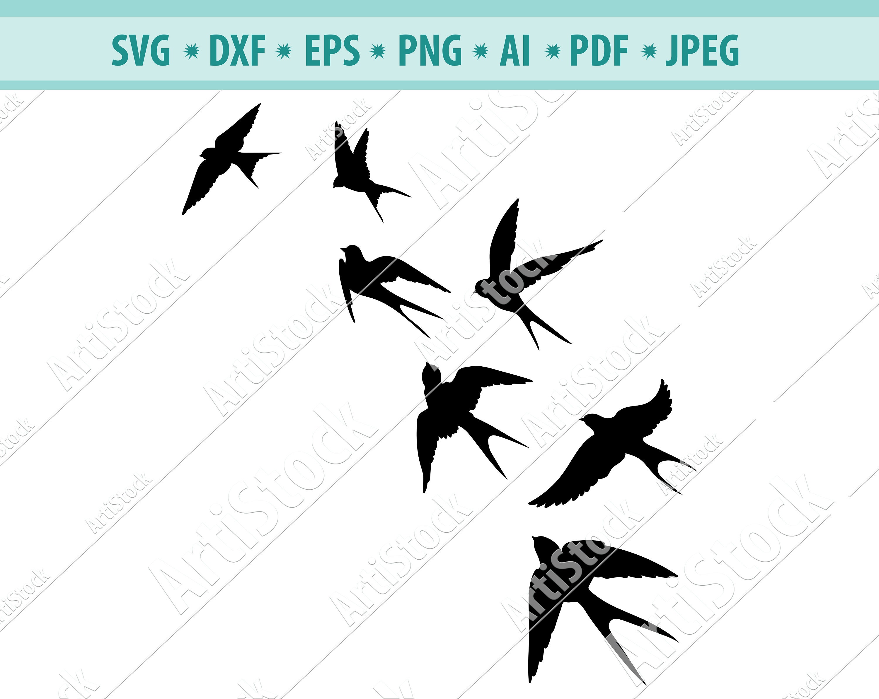 Flock of Birds SVG Vector Swallows Silhouette svg flying | Etsy