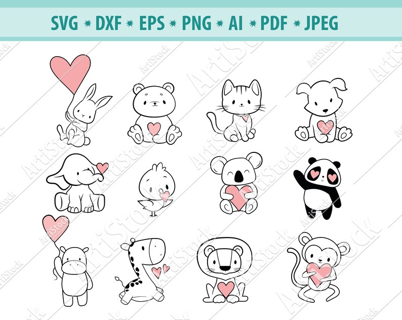 Animal Svg Bundle, Animals With Heart Svg, Cute Pets Svg, Valentine ...