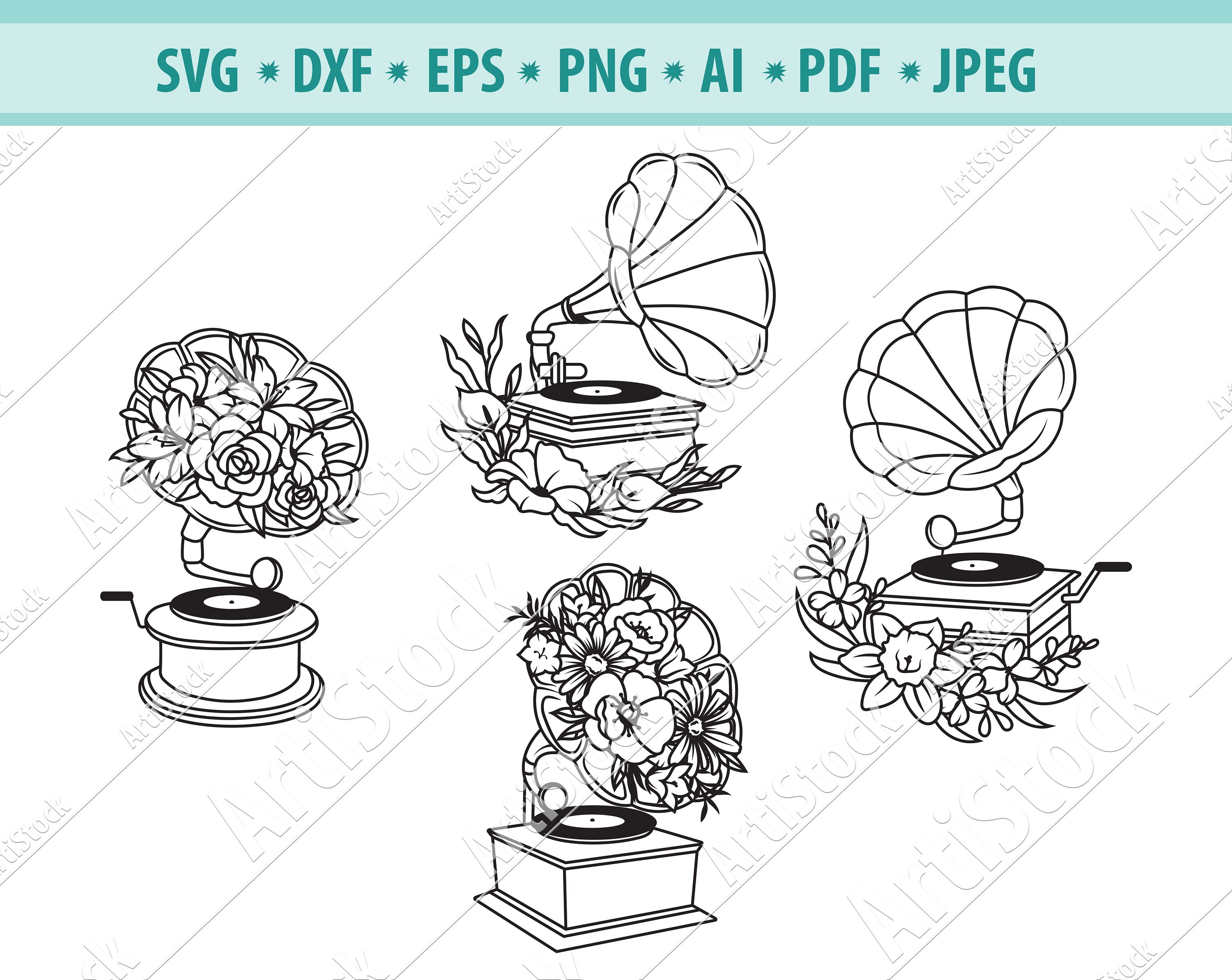 Phonograph Svg Gramophone With Flowers Svg Floral Phonograph | Etsy