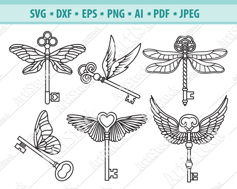 Clé vintage Svg, Clé volante Svg, Clé avec ailes Svg, Clipart de clé ...