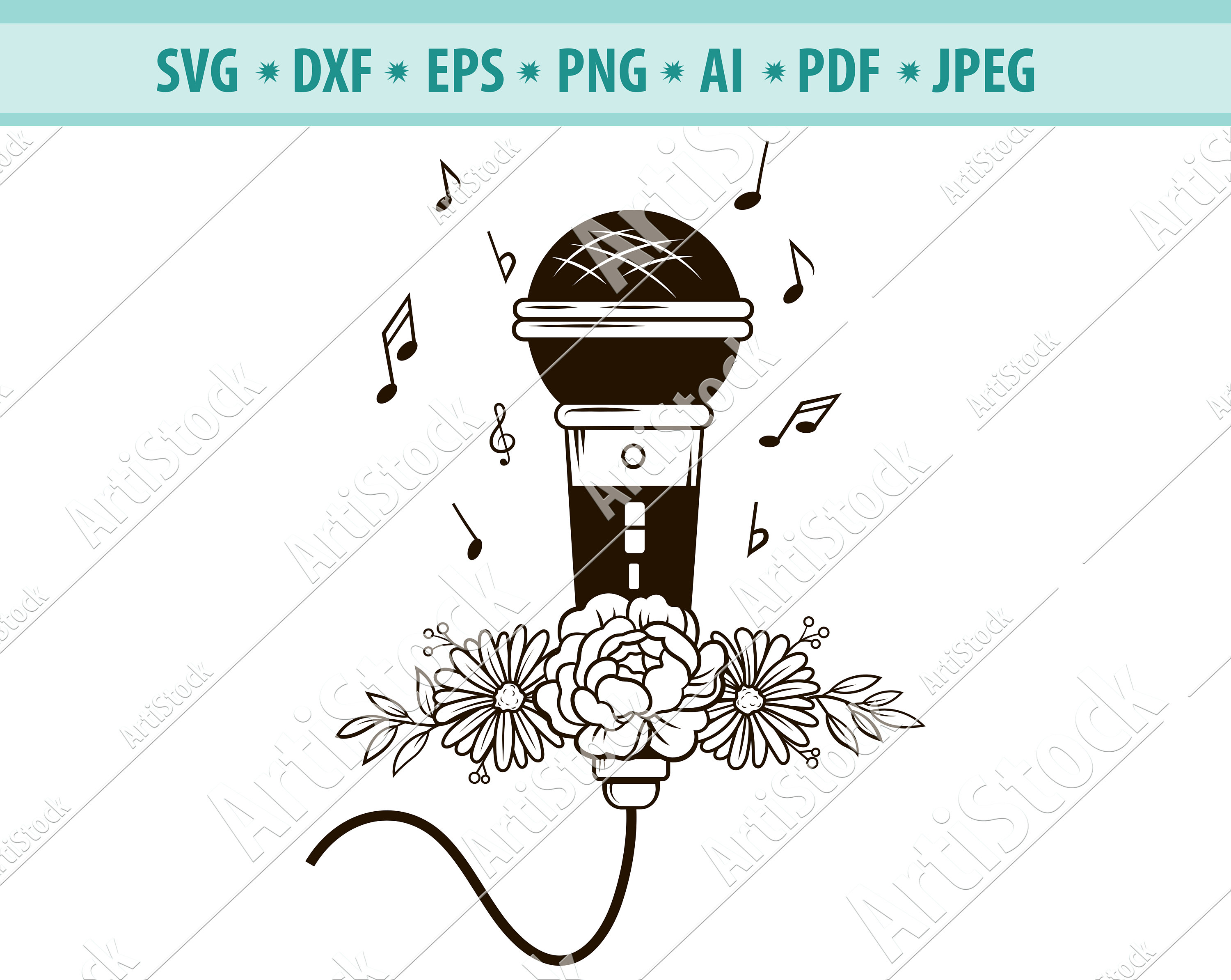 Micrófono Svg Notas musicales svg Micrófonos florales svg - Etsy España