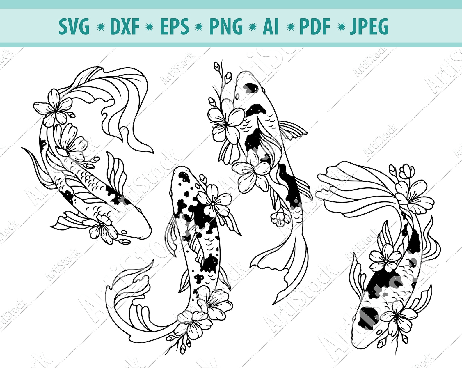Koi Fish Svg Flower Koi Carps Svg Koi Svg Traditional Asian - Etsy