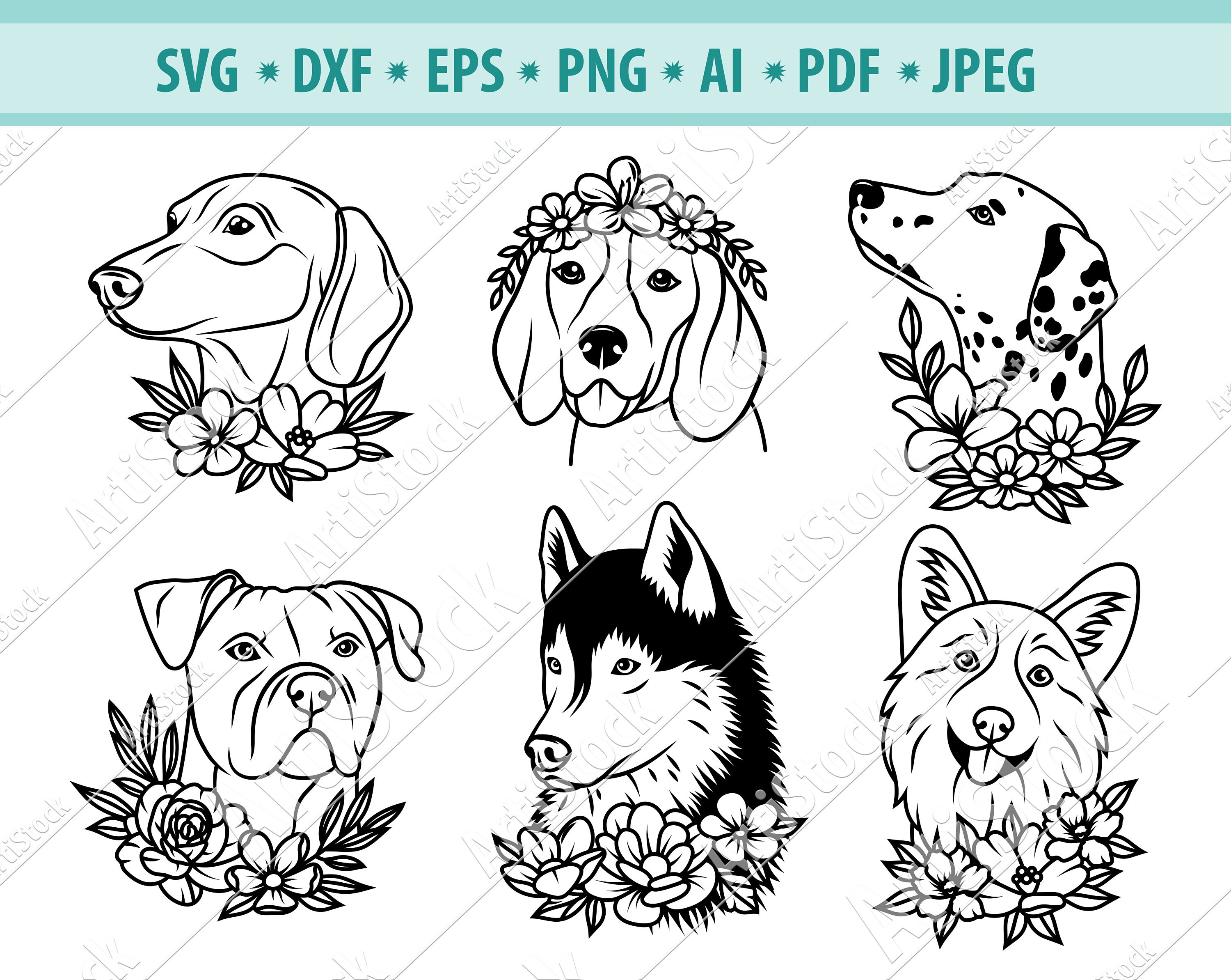 Flower Dogs SVG File, Floral Dog Svg, Stylized Dog Svg, Dog With Flower ...
