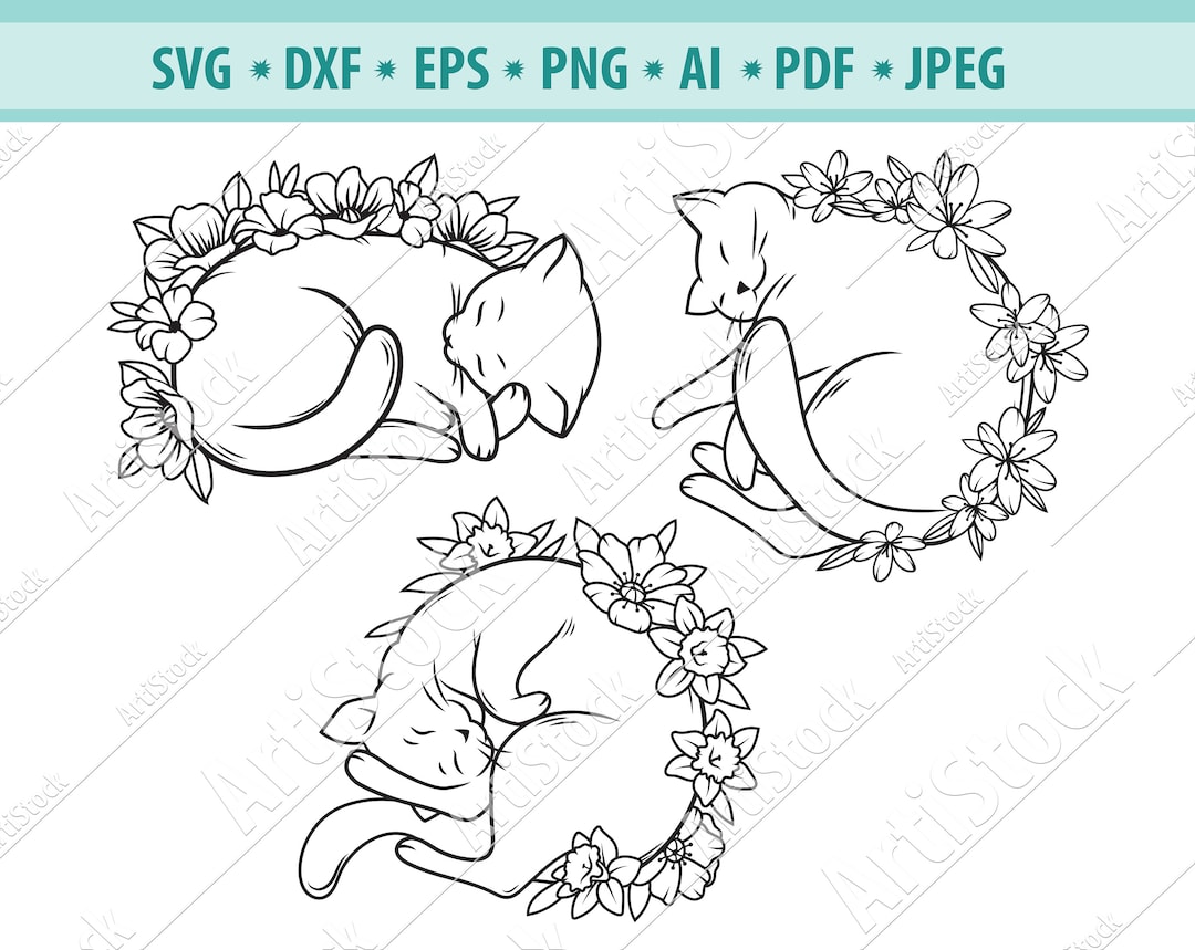 Sleeping Cats Svg, Floral Animals Svg, Cute Sleeping Kitten Svg, Lazy ...