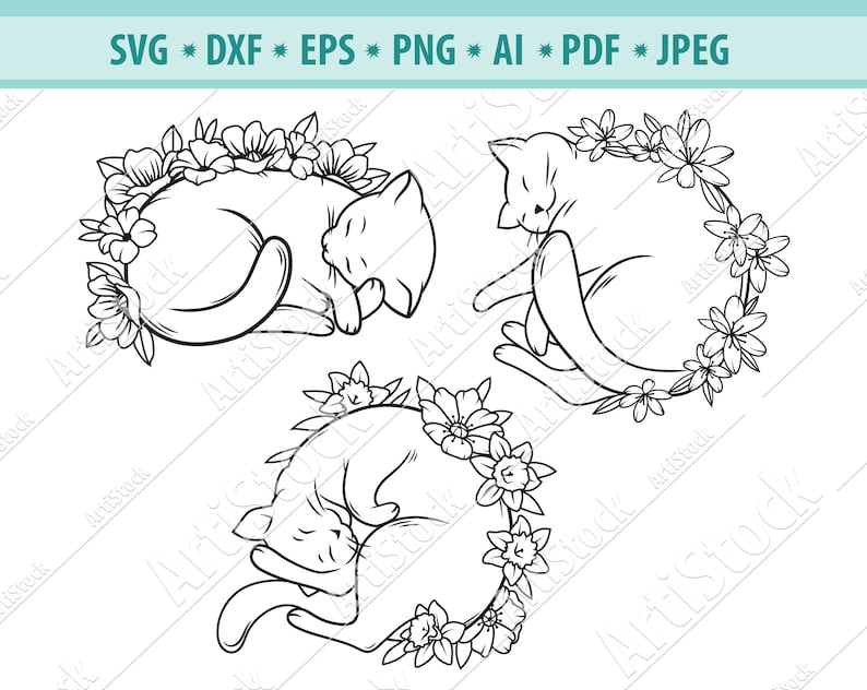 Sleeping Cats Svg Floral Animals Svg Cute Sleeping Kitten - Etsy