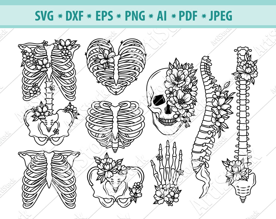 Skeleton Parts SVG, Halloween Skeleton Svg, Flower Skeleton Svg, Floral ...