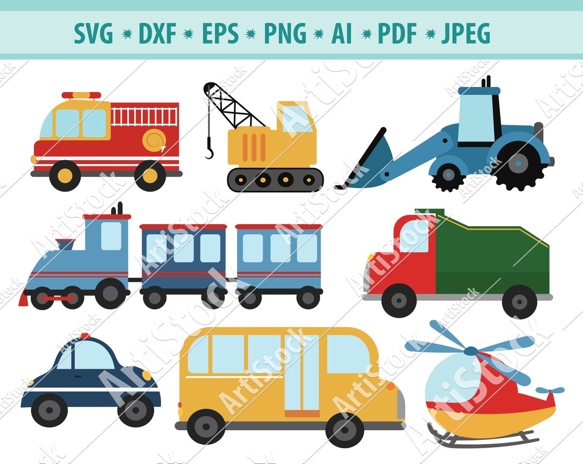 Cute Transportation Car Truck Airplane Helicopter Train Tractor Police ...