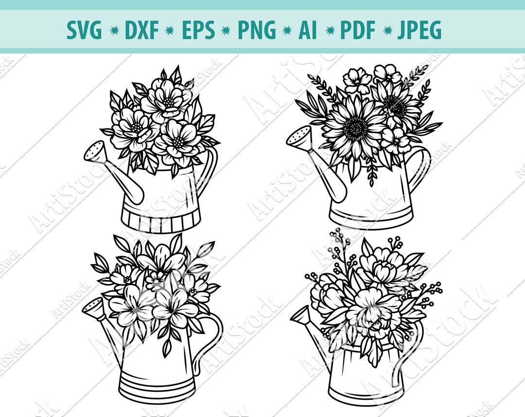 Watering Can Svg, Waterin Can With Flowers Svg, Bouquet of Flower Svg ...