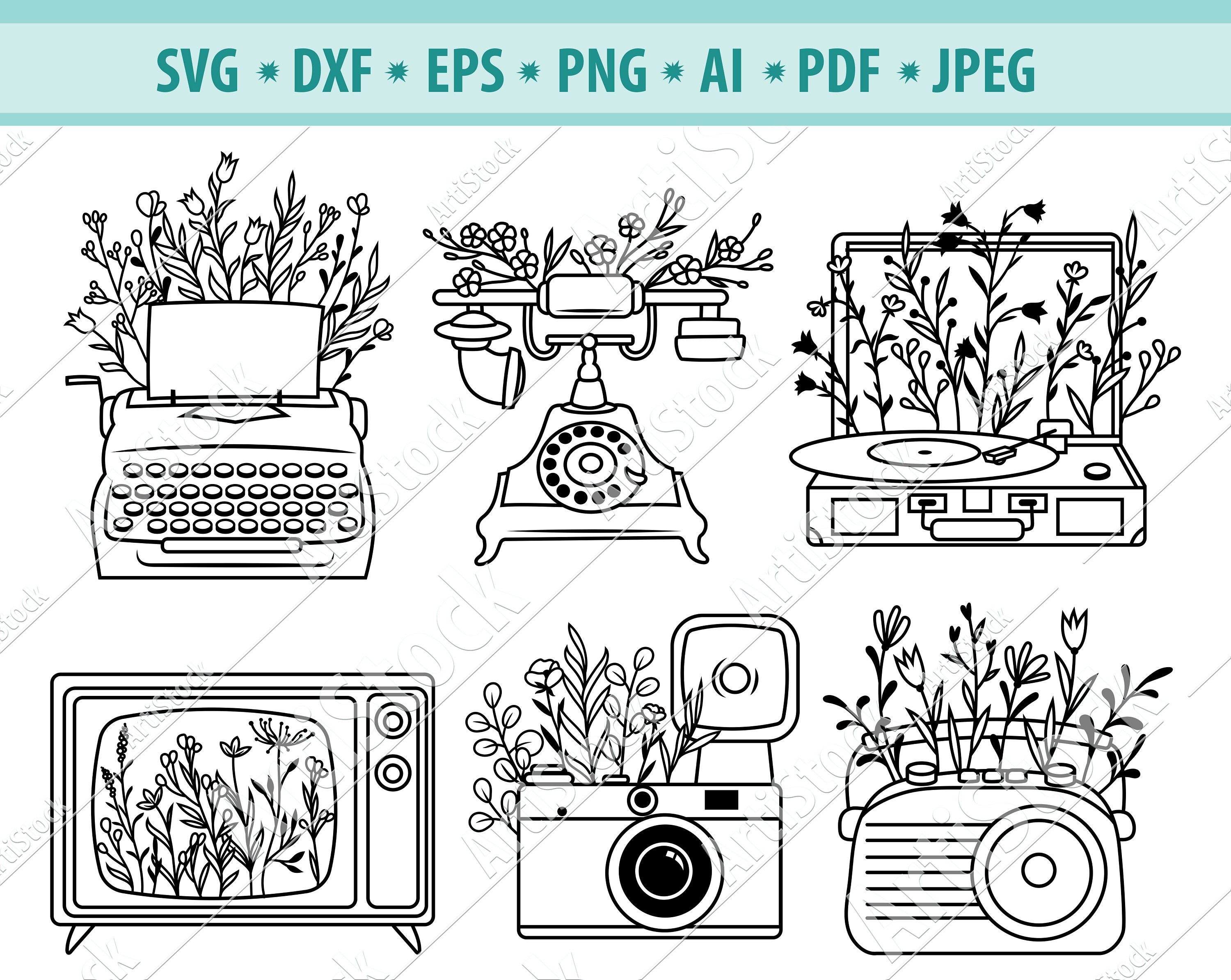 Retro Techn Svg, Floral Telephone SVG, Vinyl Technology Svg, Flower ...
