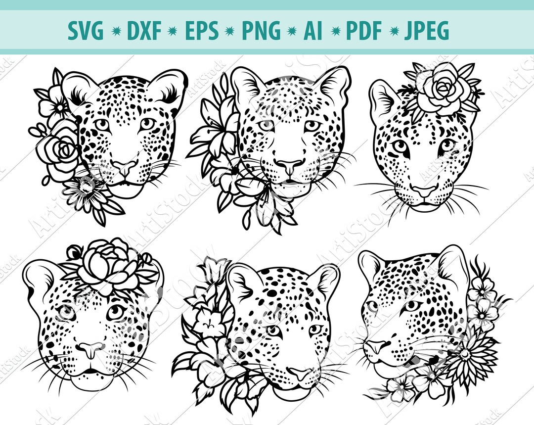Leopard SVG File, Leopard With Flower Wreath SVG, Leopard Cut File ...