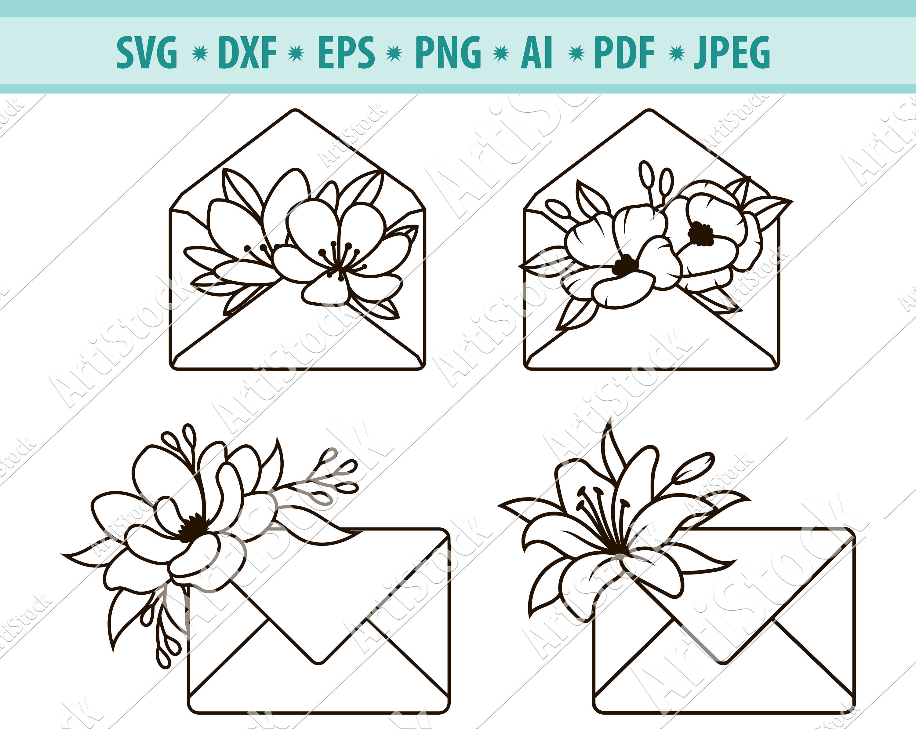 Flower Envelope Svg, Valentines Day Svg, Love Letters SVG, Flowers in ...
