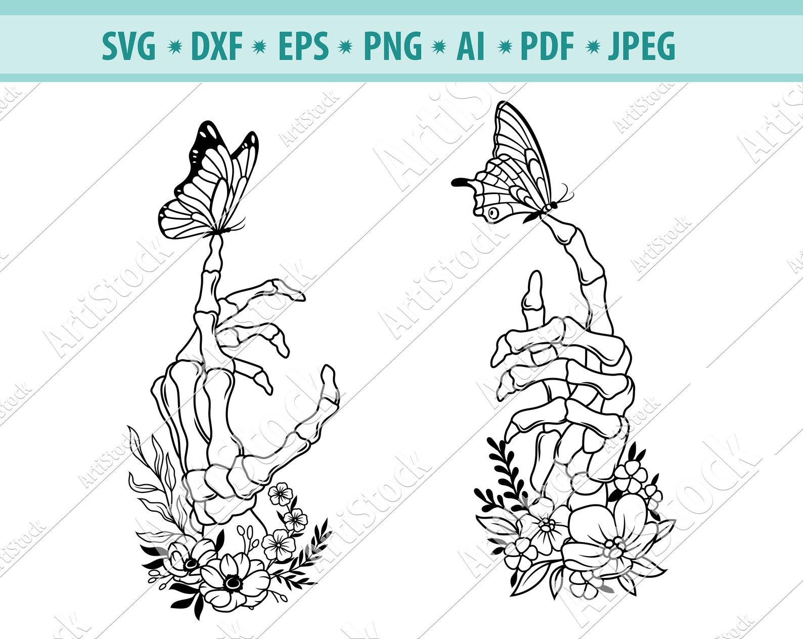 Floral Skeleton Hand Svg Hand With Butterfly Svg Bones - Etsy