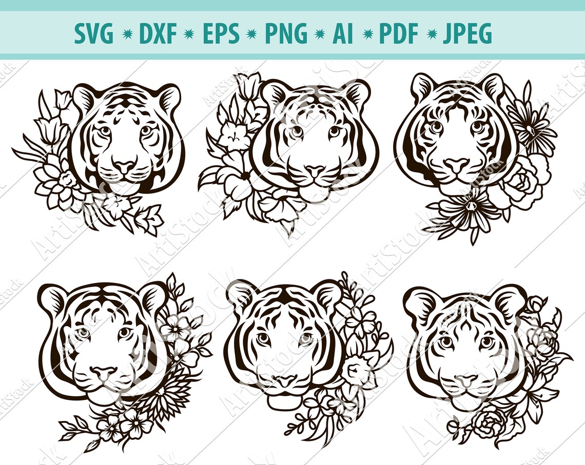 Tiger SVG File, Tiger With Flower Wreath SVG, Tiger Cut File, Animal ...