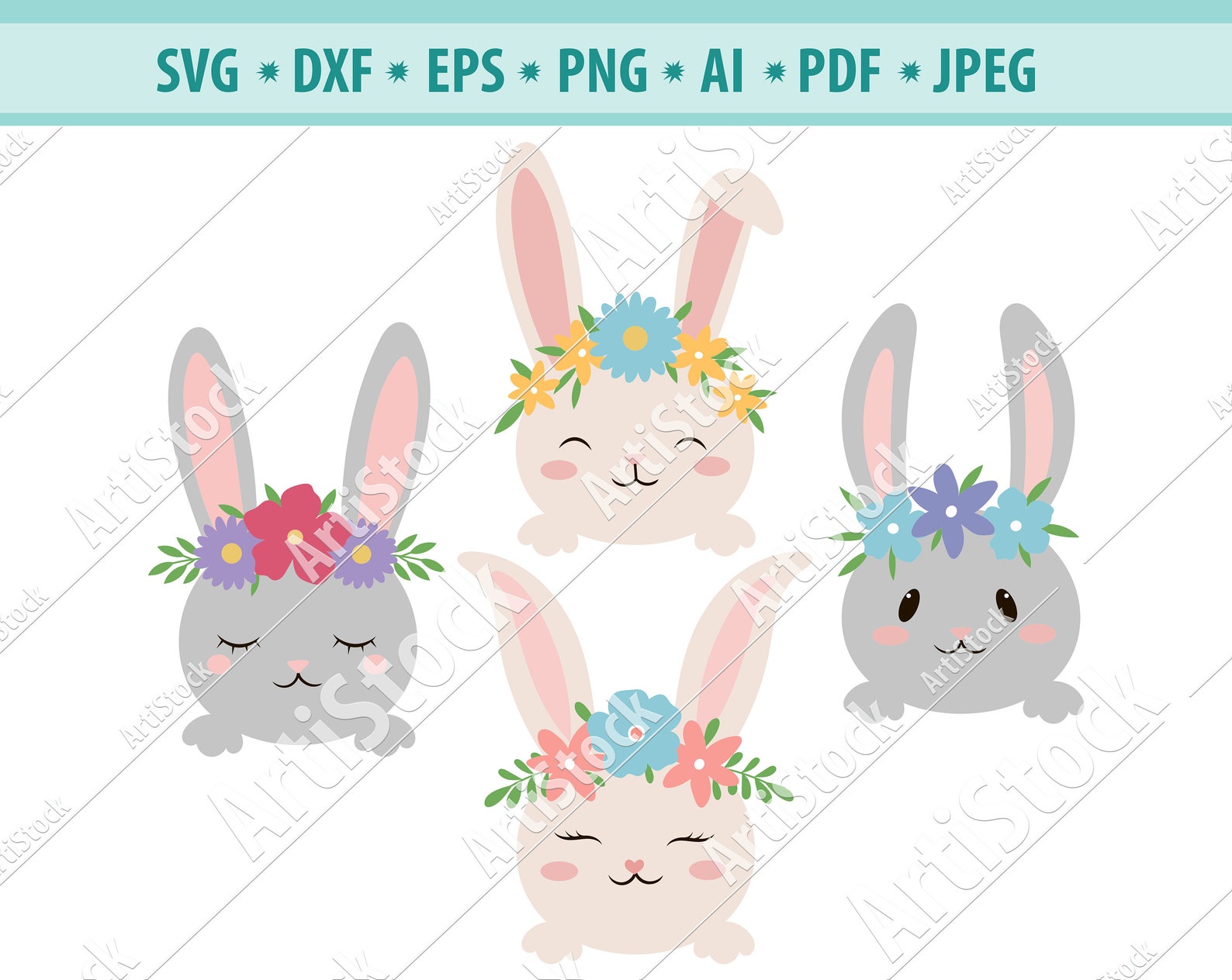 Cara de conejo Svg Conejo en diadema de flores Svg conejito - Etsy España