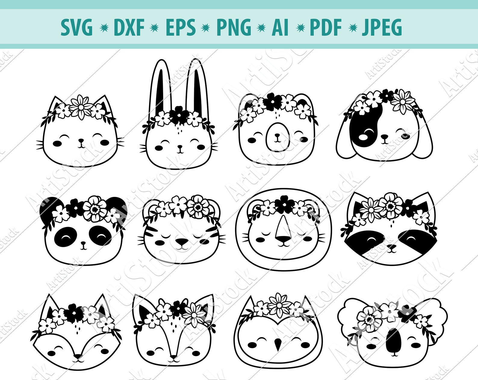 Animals Face Svg File Animals With Flower Crown Svg Cute | Etsy
